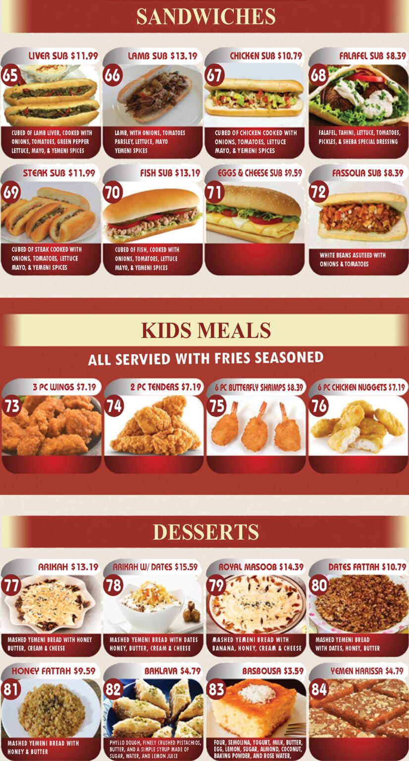 Menus - Queen of Sheba